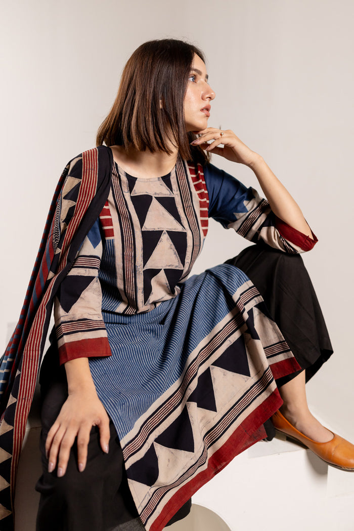 Vrajbhoomi:Classic Kurta - Pyramid Yoke Indigo Red